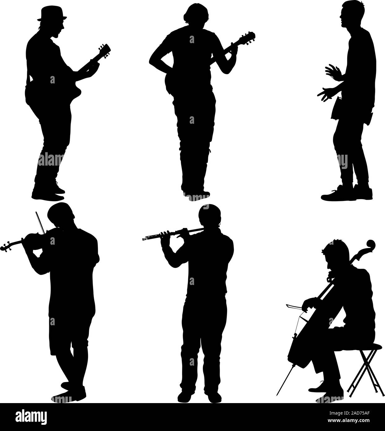 Silhouettes street musicians playing instruments. Vector illustration ...
