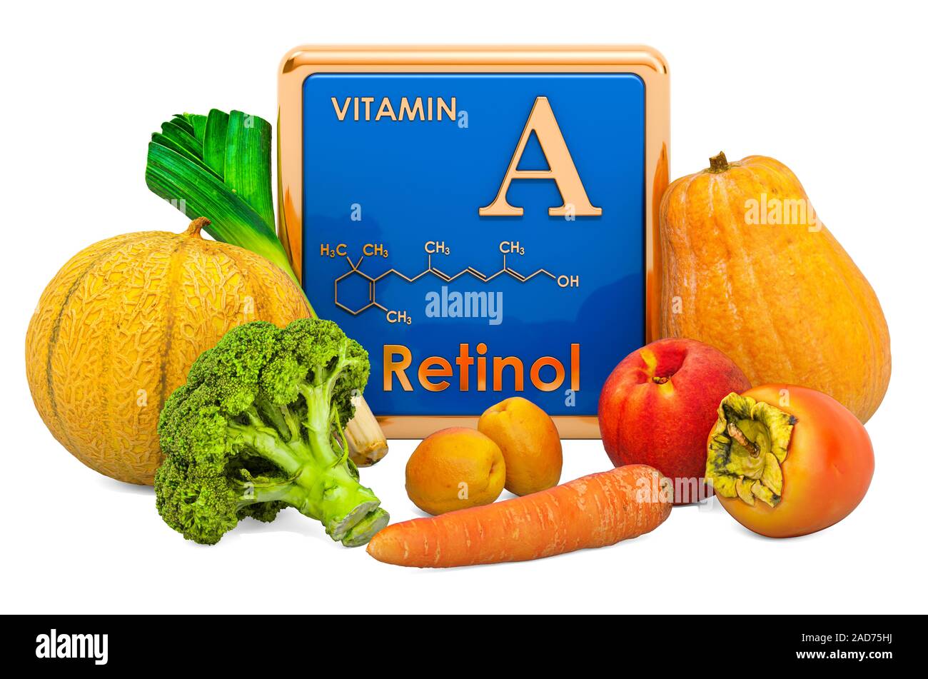 Foods Highest in Vitamin A, Retinol. 3D rendering isolated on white ...