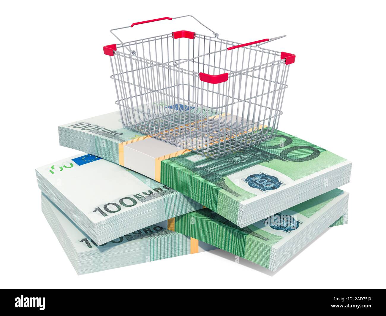 Metallic shopping basket on the euro packs, 3D rendering isolated on ...