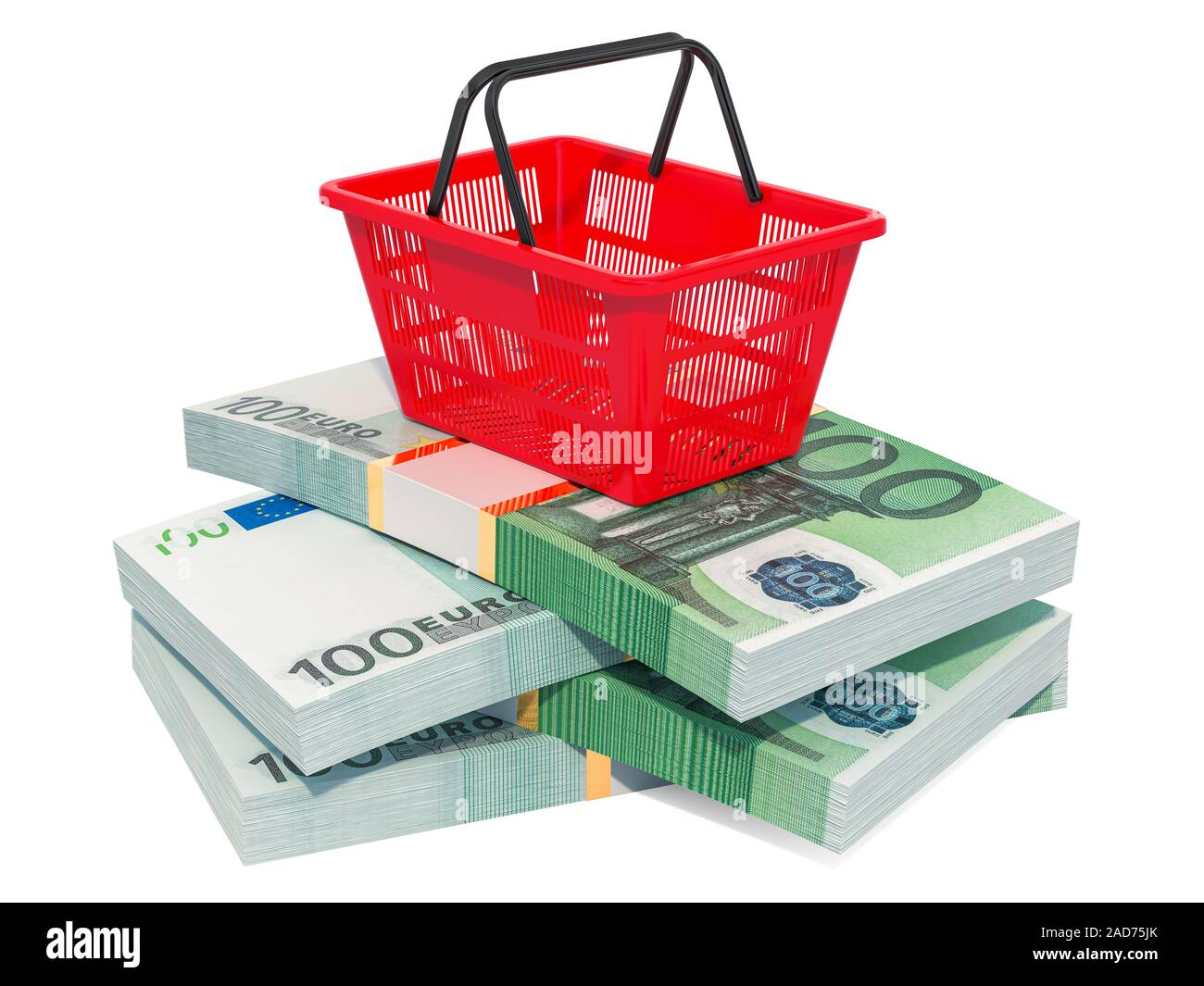Shopping basket on the euro packs, 3D rendering isolated on white ...