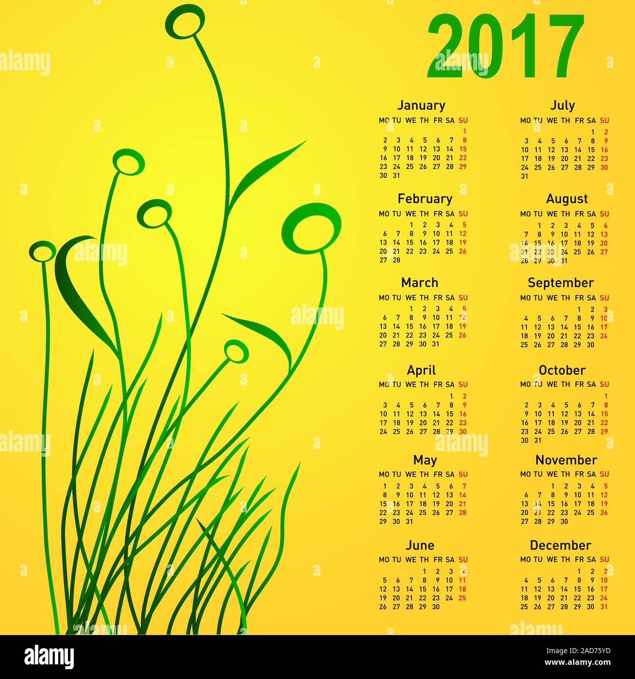 Stylish calendar with flowers for 2017. Week starts on Monday Stock ...