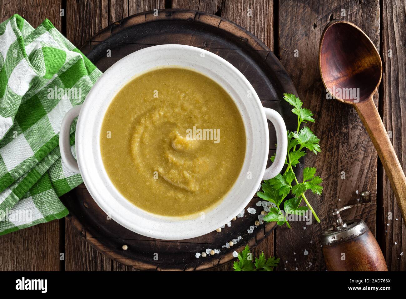 Vegetable cream soup, puree on wooden rustic table, top view Stock ...