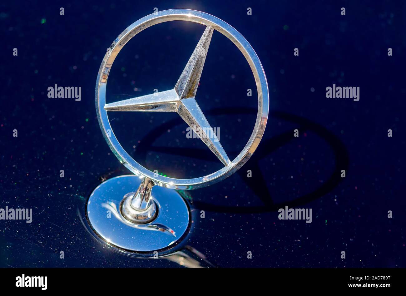 Bucharest, Romania - October 12, 2018: The logo of a blue Mercedes-Benz ...