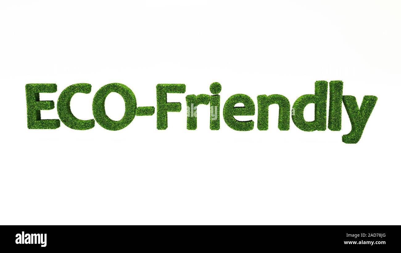 3D word ECO-FRIENDLY made of green grass on white background, save the ...