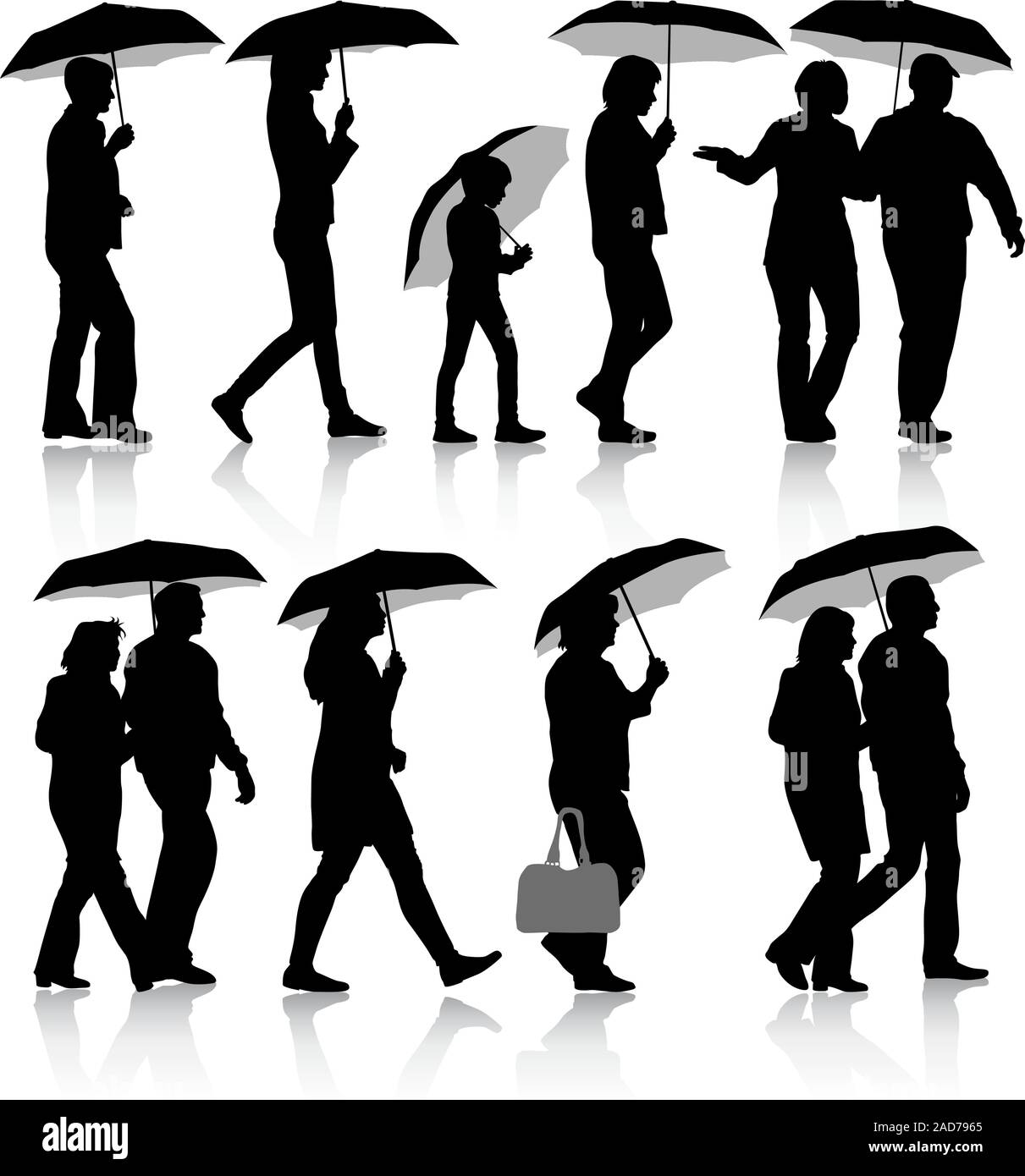 Black Silhouettes Man And Woman Under Umbrella Vector Illustrations