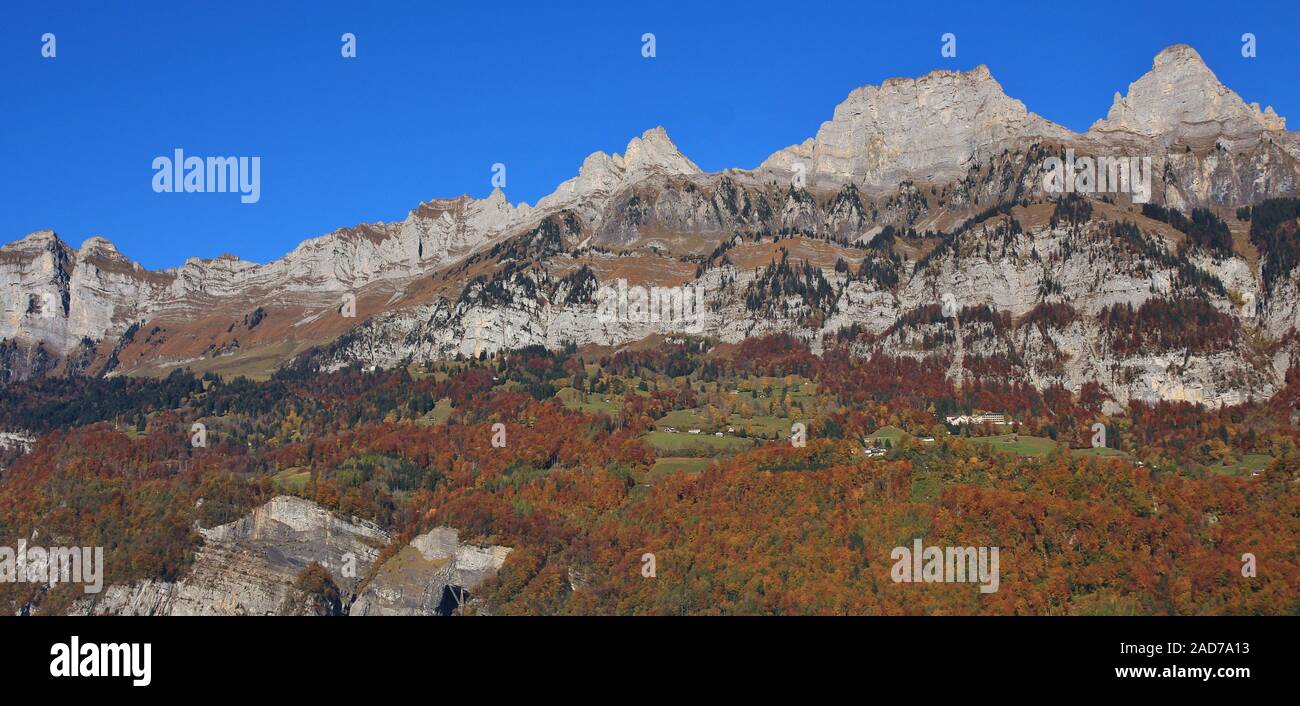 Walenstadt Dorf and mountains of the Churfirsten range. Multi colored ...