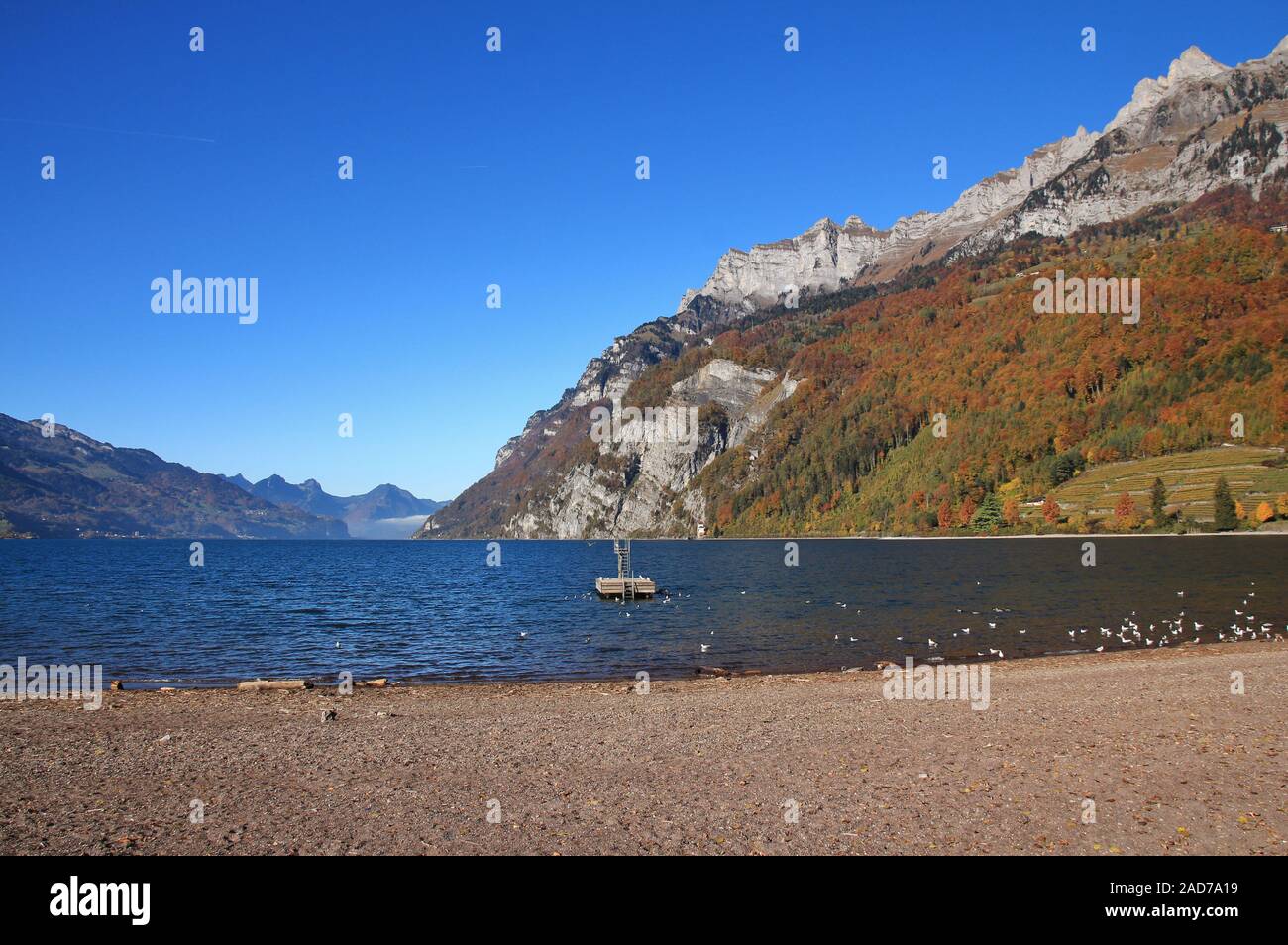 Lake Walensee and mountains of the Churfirsten range seen from ...