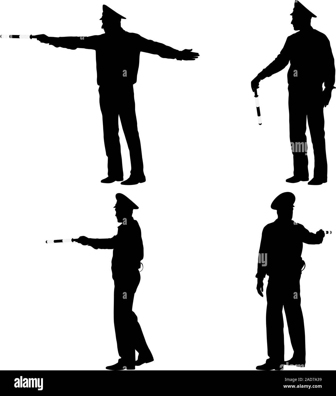 Set black silhouettes Police officer with a rod on white background ...