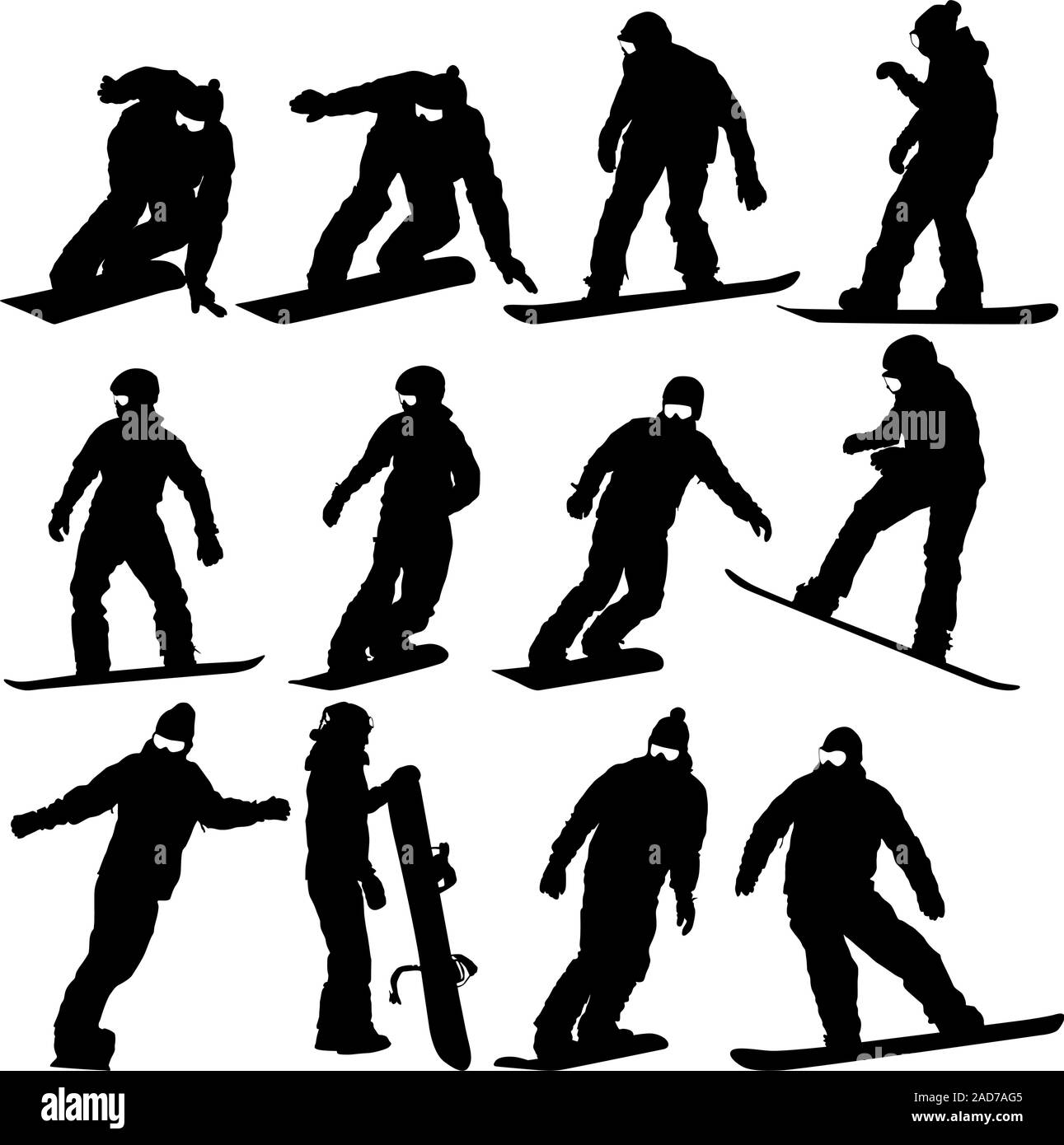 Black silhouettes set snowboarders on white background. Vector ...