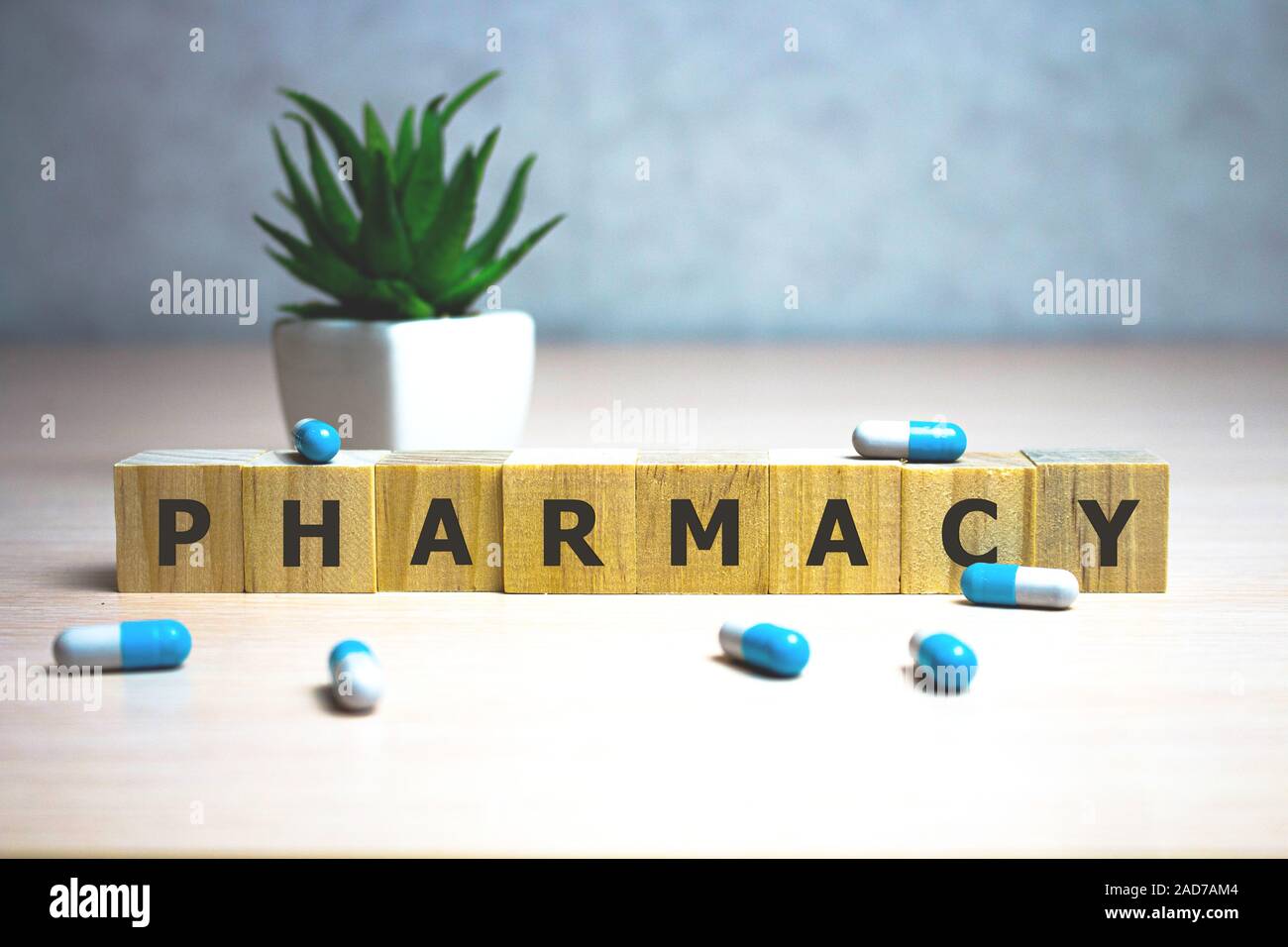PHARMACY word on block concept. medical business concept, background ...