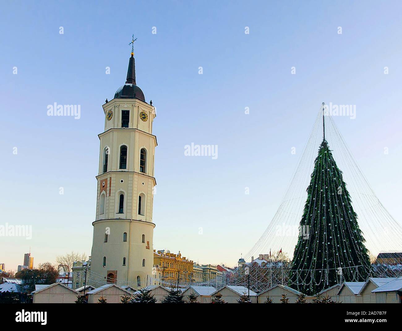 Christmas tree and Cathedral bell tower Lithuania in Vilnius Advent ...