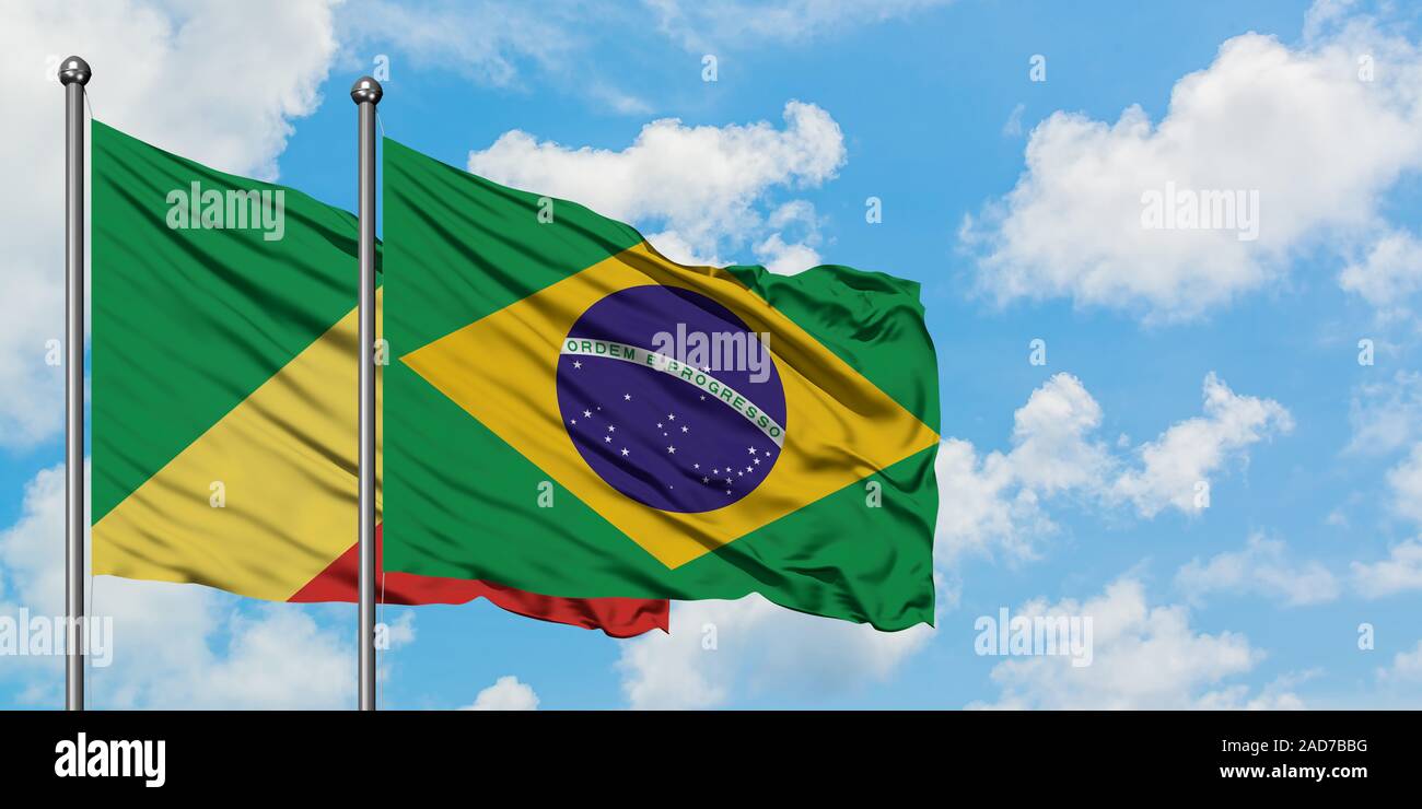 Republic Of The Congo and Brazil flag waving in the wind against white ...