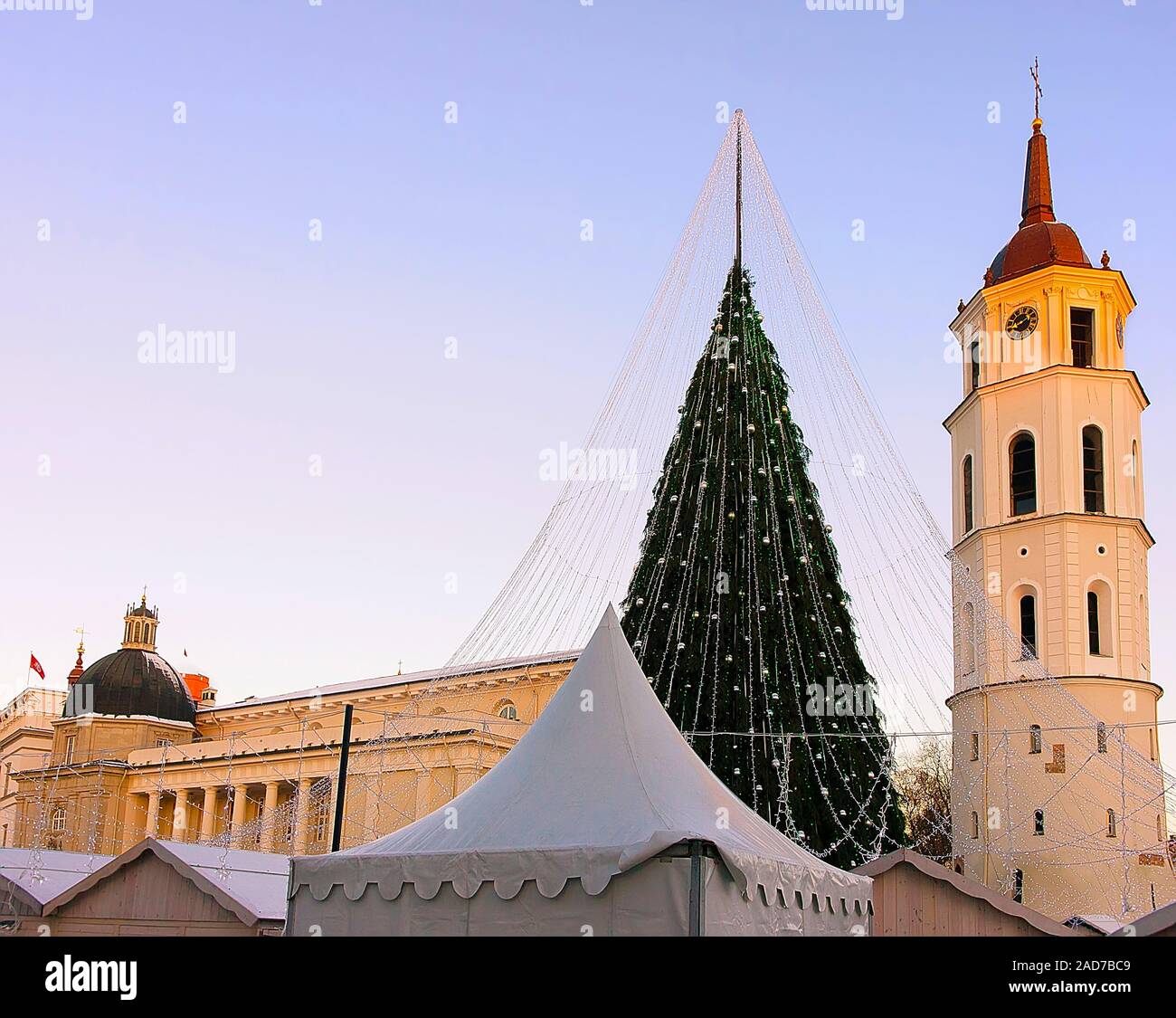 Christmas tree and Cathedral bell tower Lithuania Vilnius at Advent ...