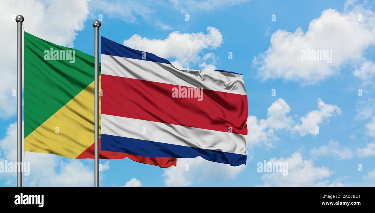 Republic Of The Congo and Costa Rica flag waving in the wind against ...