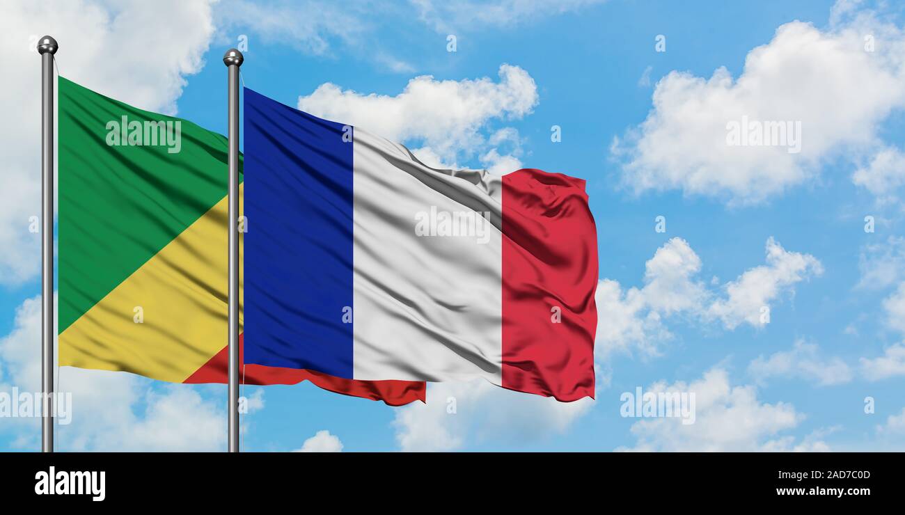 Republic Of The Congo and France flag waving in the wind against white ...