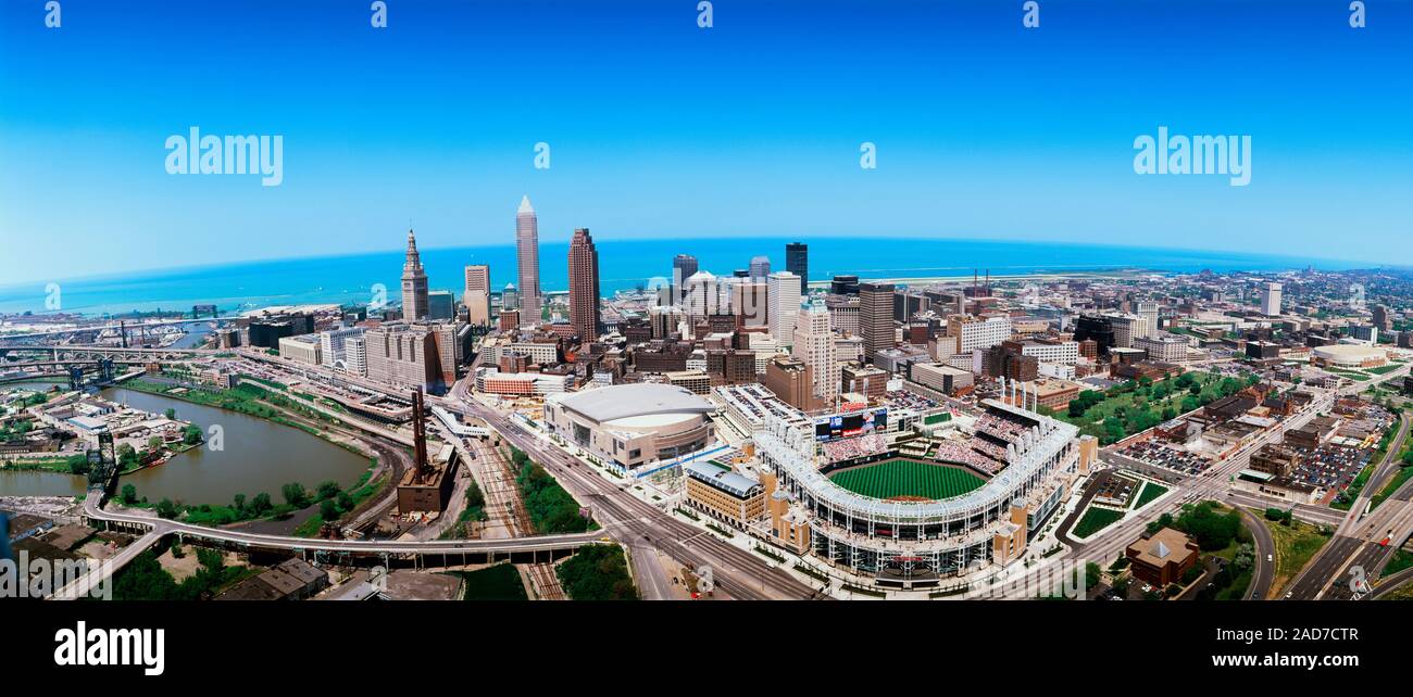 Aerial view of cityscape with Jacobs Field baseball stadium, Cleveland ...