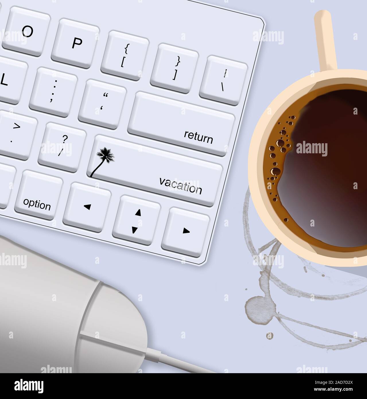 An office workspace includes a computer keyboard, a mouse and a cup of ...