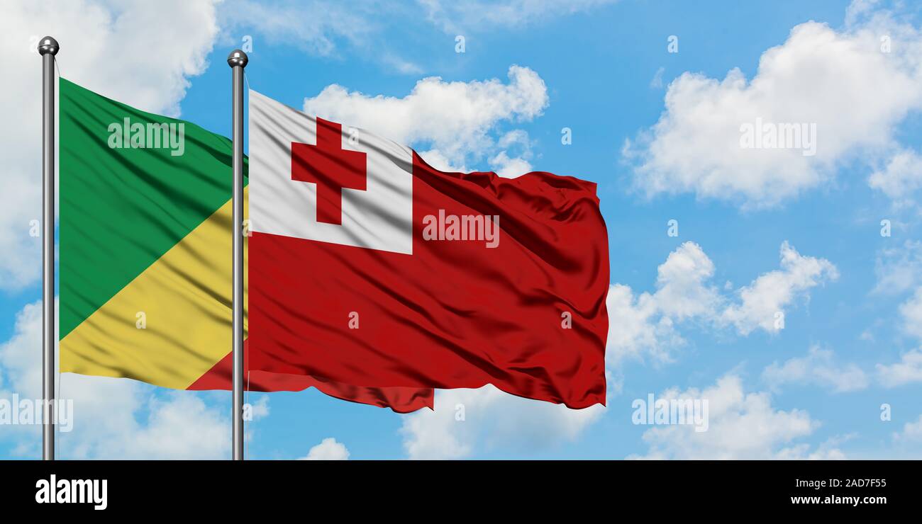 Republic Of The Congo and Tonga flag waving in the wind against white ...