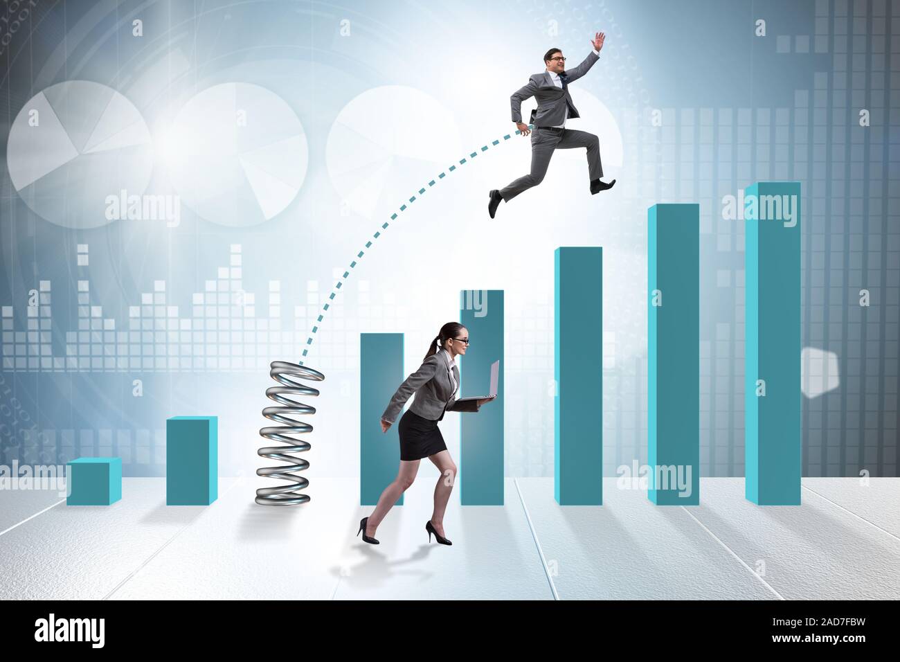 Business people jumping over bar charts Stock Photo - Alamy