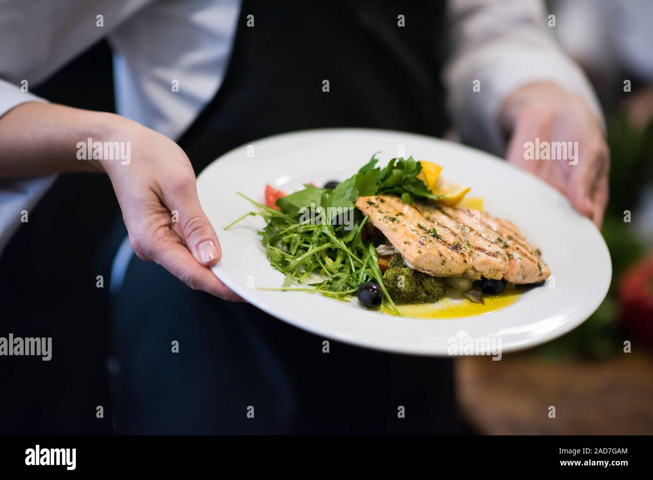 Chef hands holding dish of fried Salmon fish fillet Stock Photo - Alamy