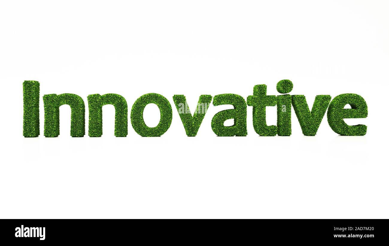 3D word INNOVATIVE made of green grass on white background, save the ...