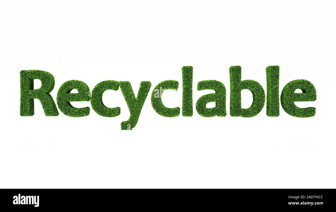 3D word RECYCLABLE made of green grass on white background, save the ...