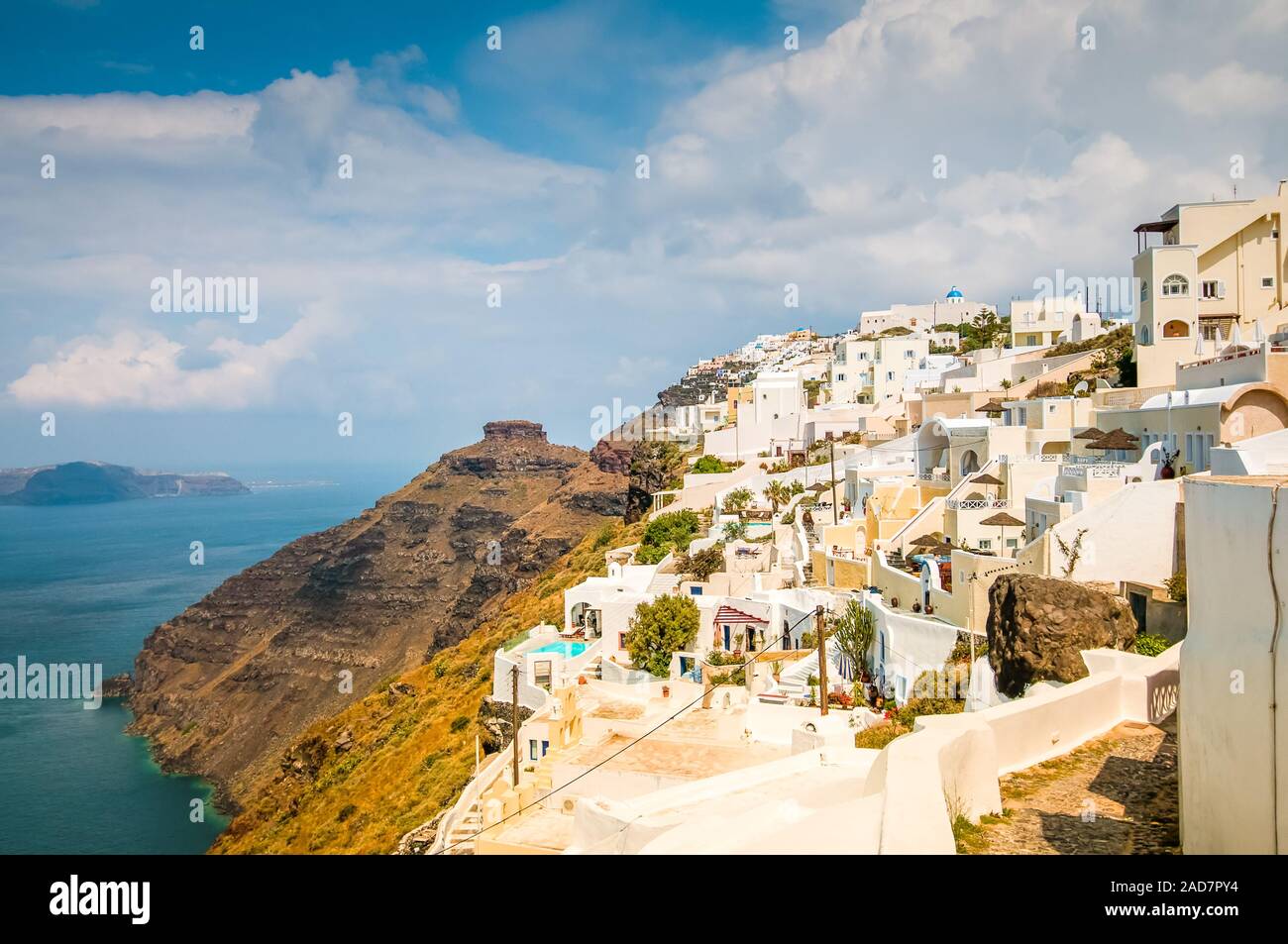 The beautiful white village of Fira, Santorini, Greece. Toned Stock ...