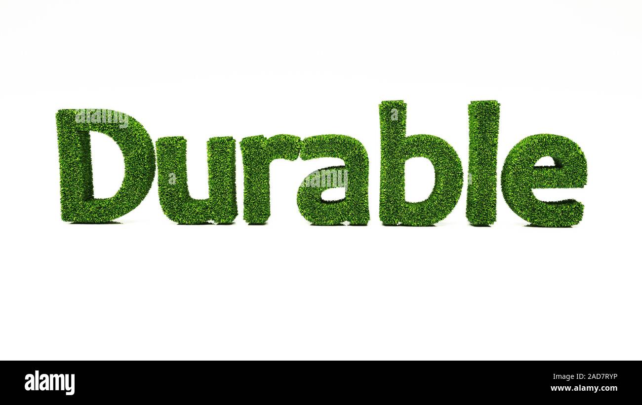 3D word DURABLE made of green grass on white background, save the earth ...
