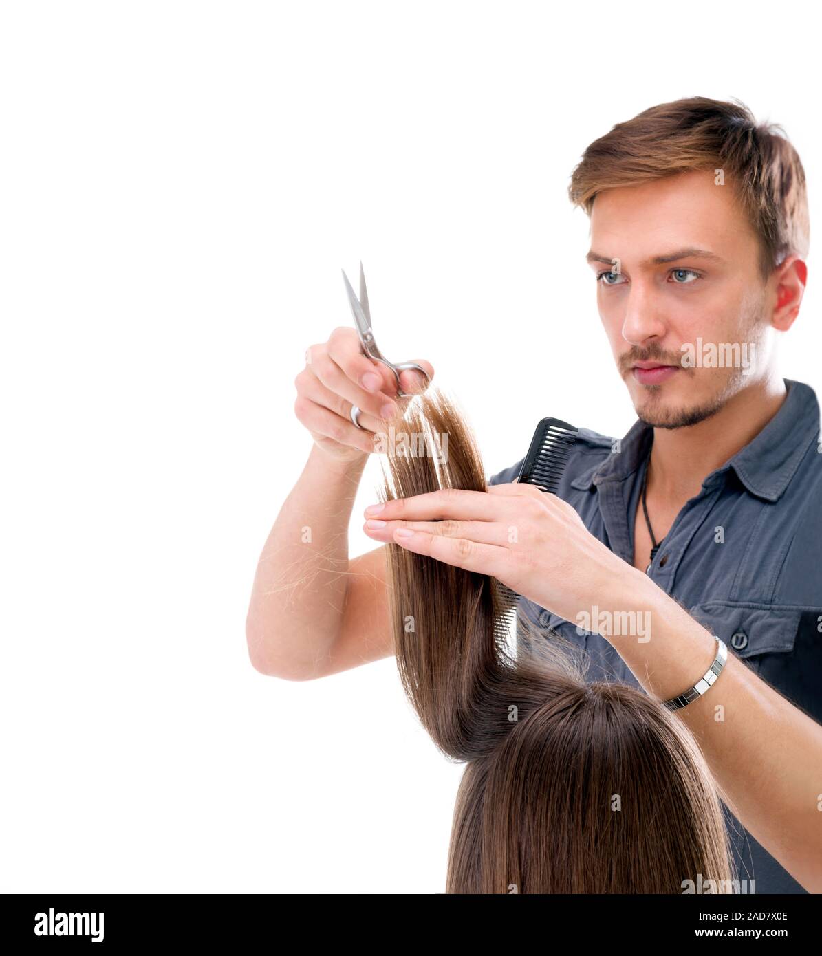 Professional hairdresser with long hair model, isolated on white Stock ...