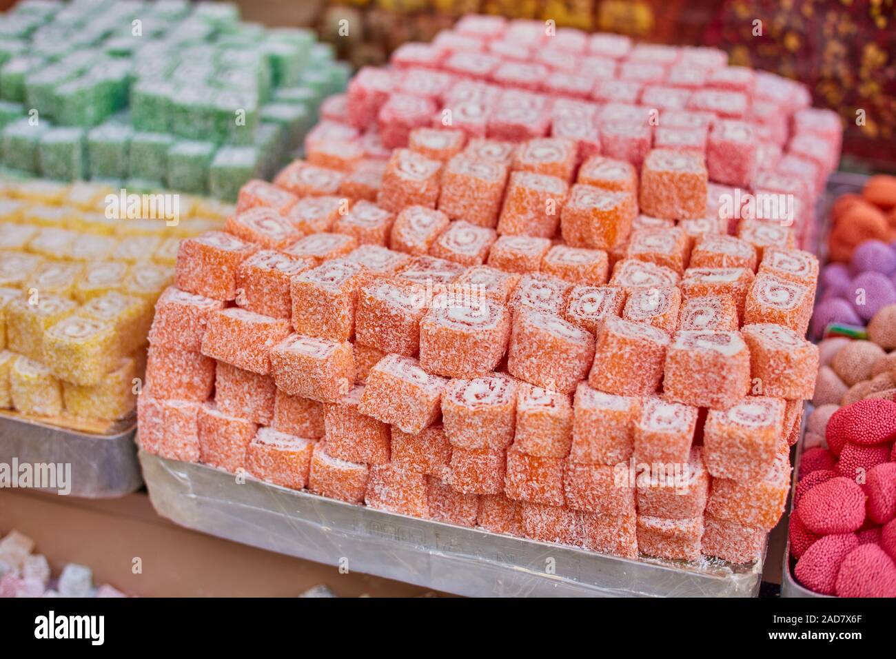 Turkish traditional sweets, rahat lukum in counter in the Grand Bazar ...