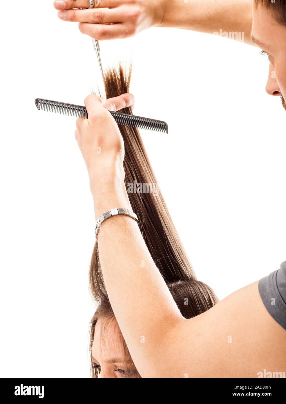 Professional hairdresser with long hair model, isolated on white Stock ...