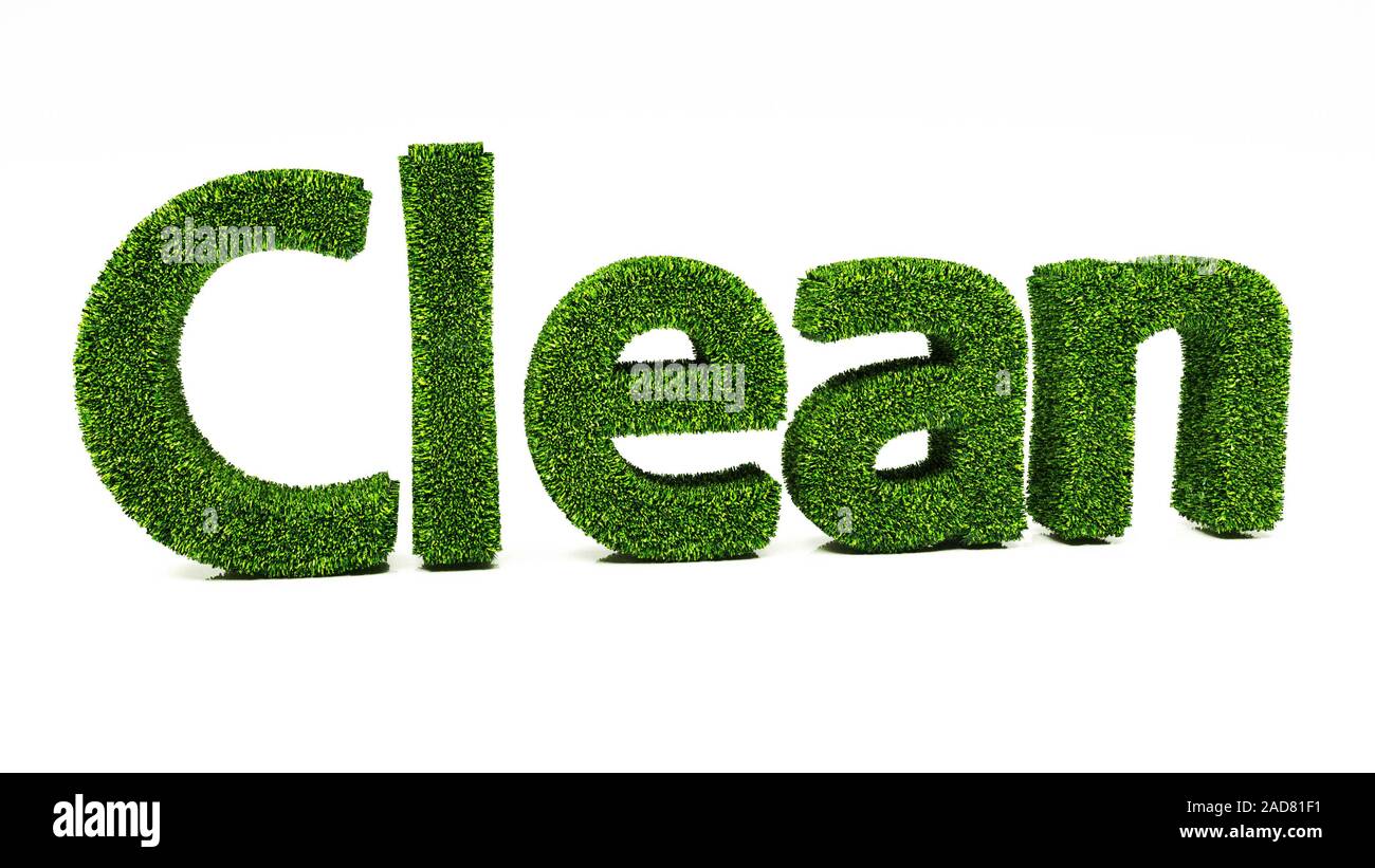 3D word CLEAN made of green grass on white background, save the earth ...