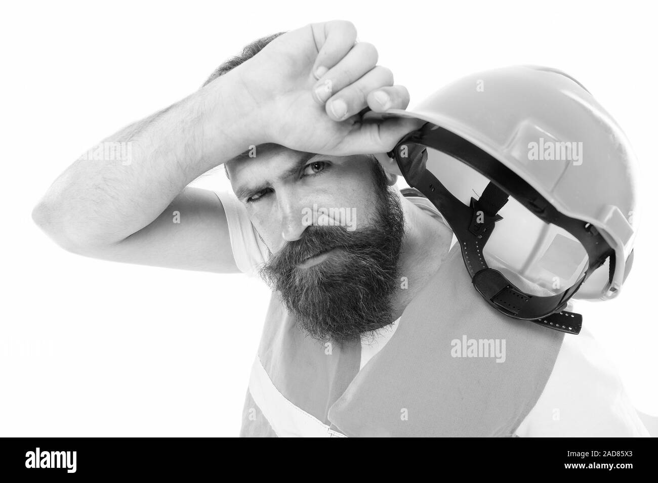 Construction industry. Bearded brutal hipster safety engineer ...