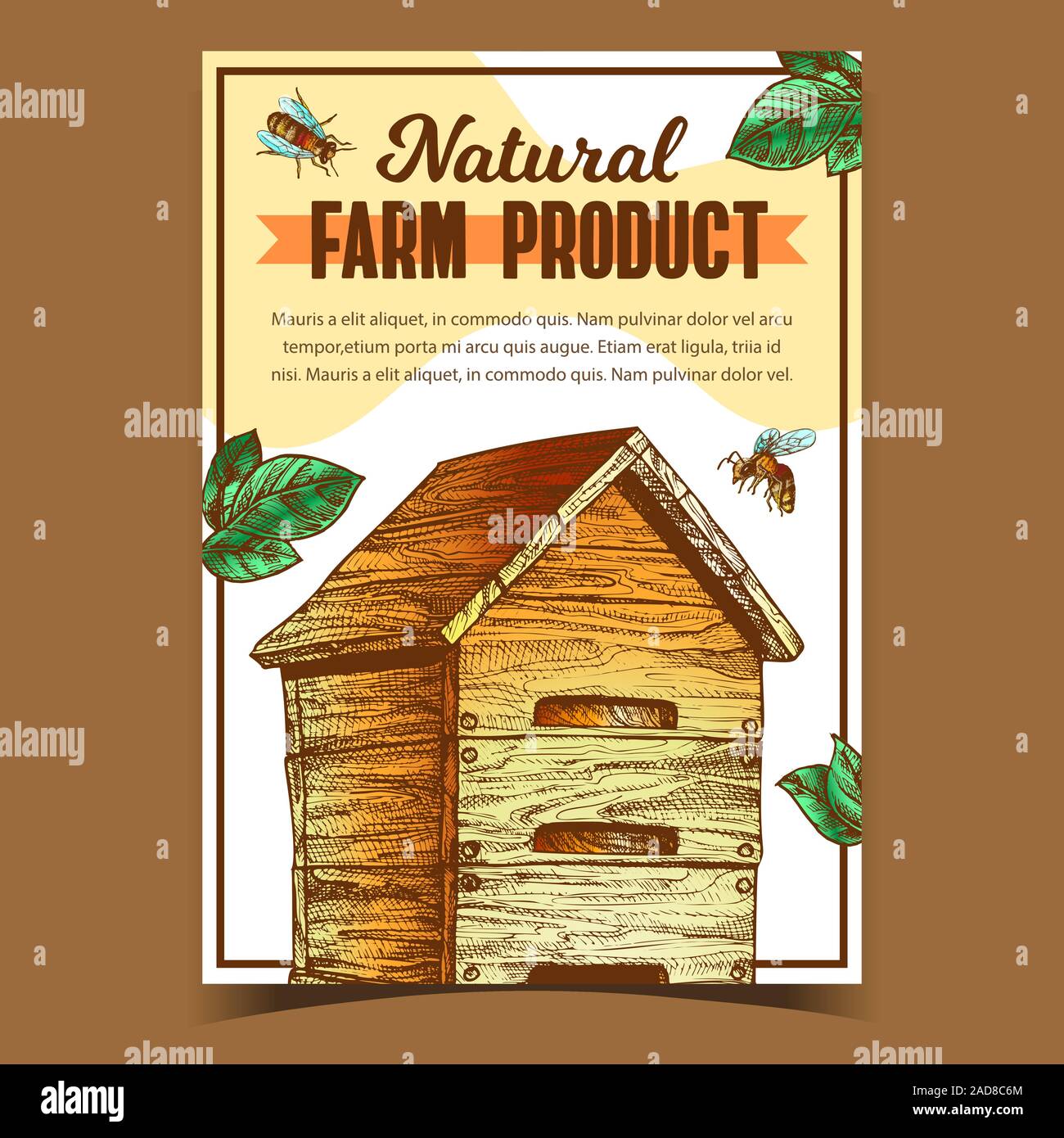 Bee And Wooden Beehive Farm Product Poster Vector Stock Vector Image ...