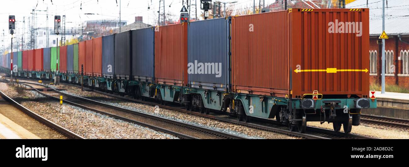 long container cargo train panorama Stock Photo - Alamy