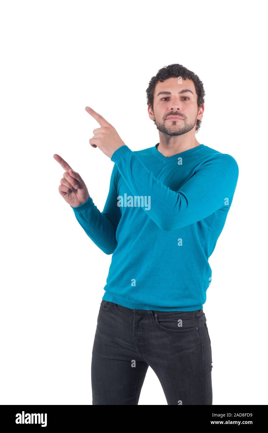 Guy in blue pointing to somewhere, isolated on white Stock Photo - Alamy