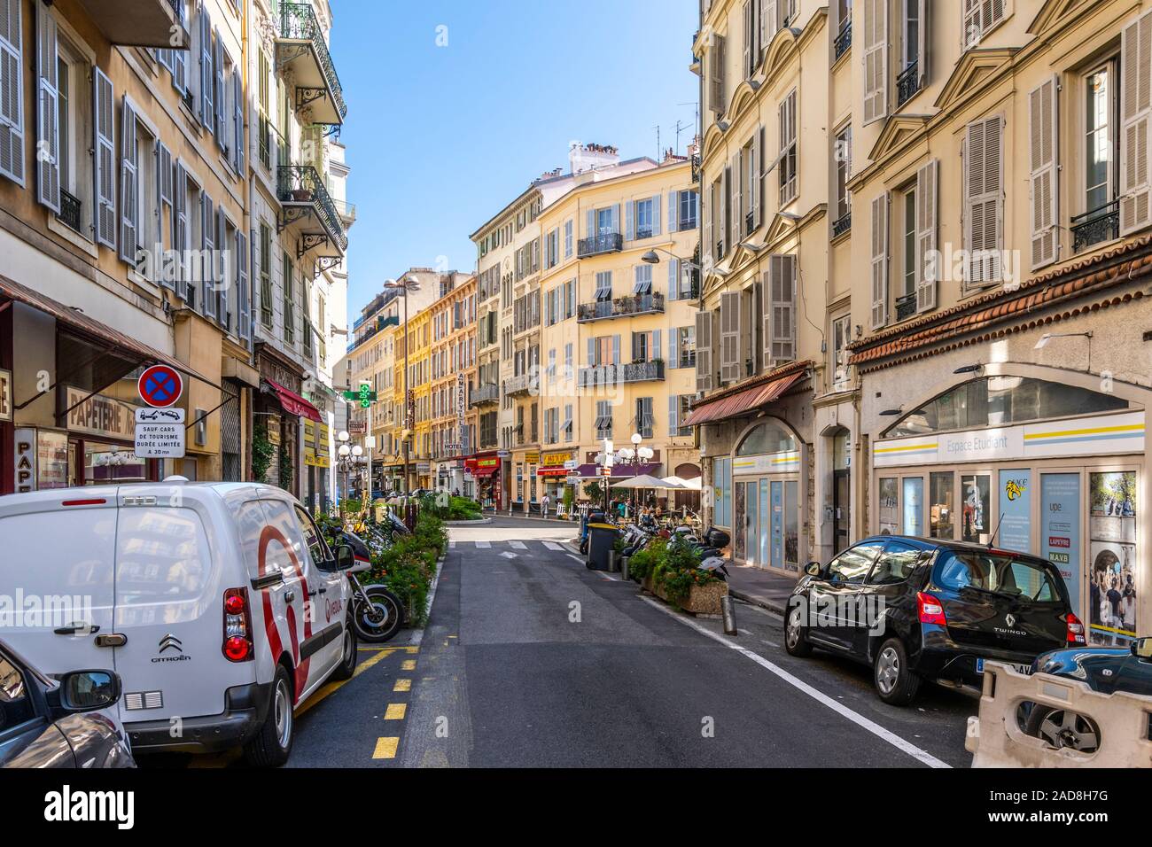 A downtown street scene in the newer section of Nice, France, on the ...