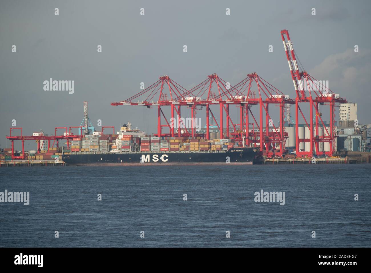 Container cranes stand over ships at the Liverpool2 container dock ...