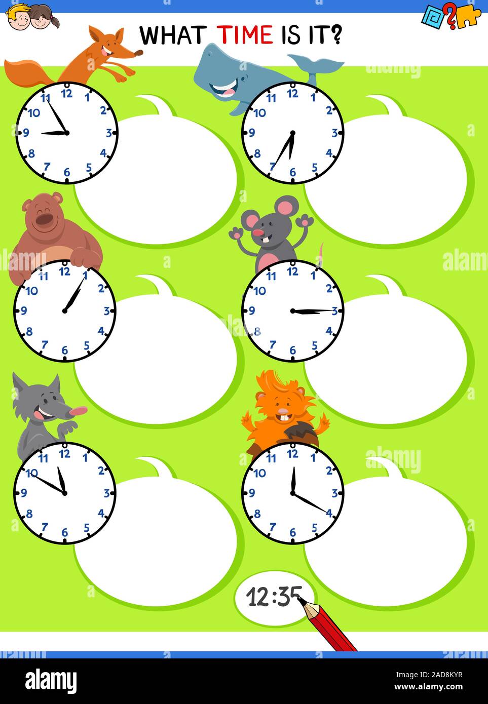 telling time educational activity with animals Stock Photo - Alamy