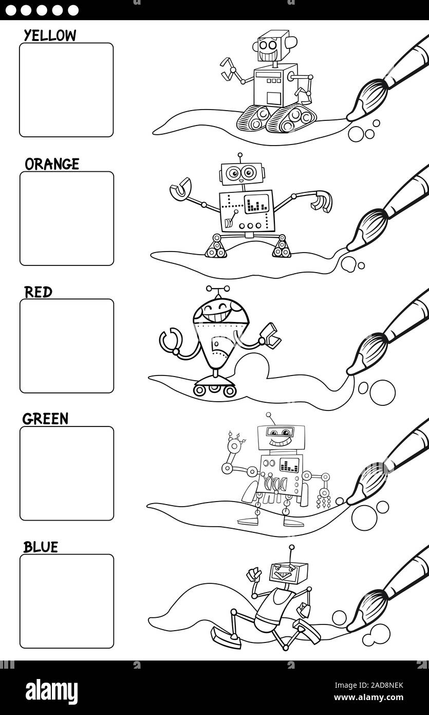 basic colors with cartoon robots for coloring Stock Photo - Alamy
