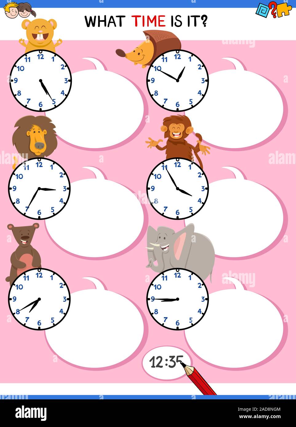 telling time educational worksheet with animals Stock Photo - Alamy