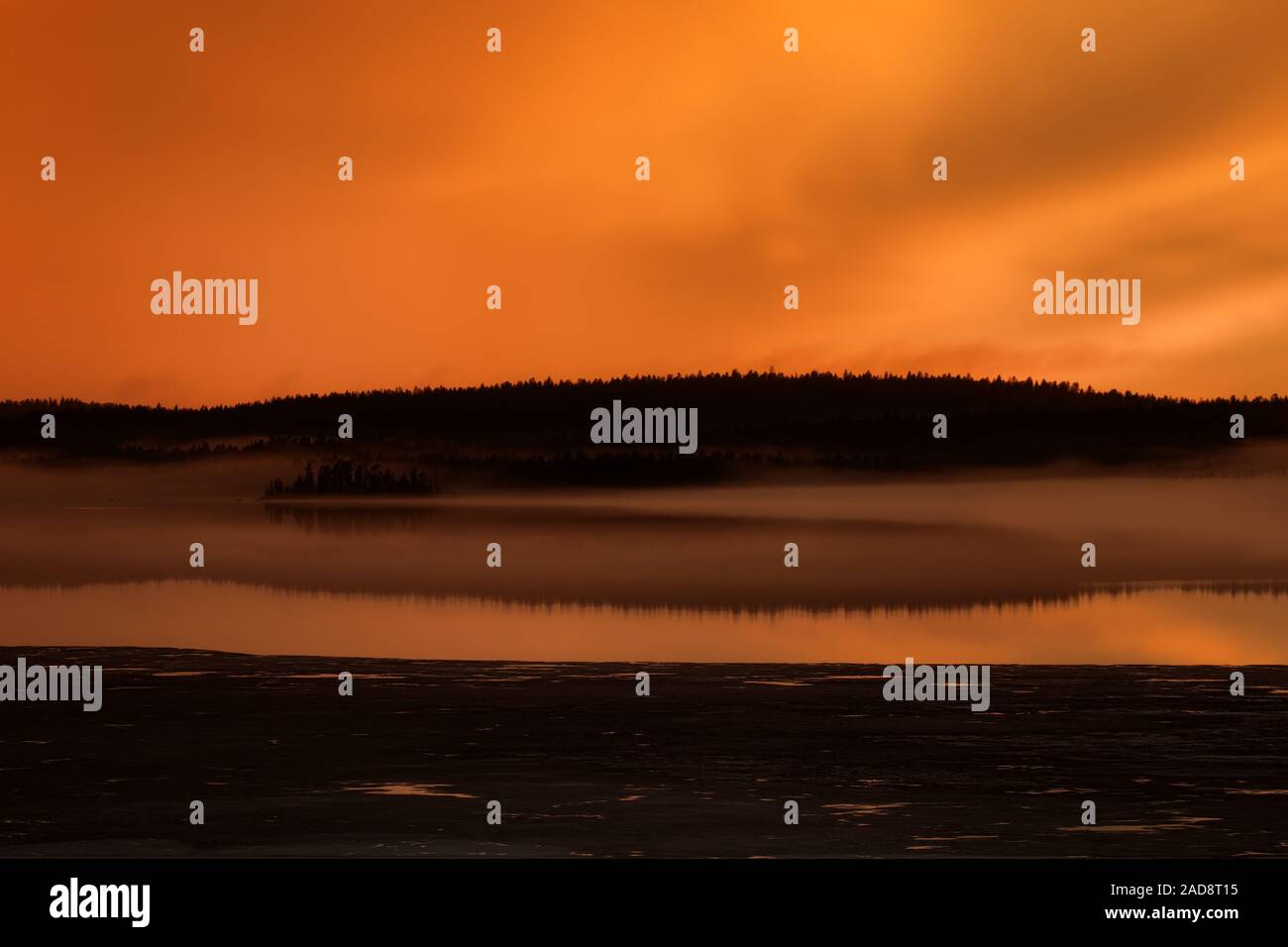 Spring evening on a forest lake with fog Stock Photo - Alamy