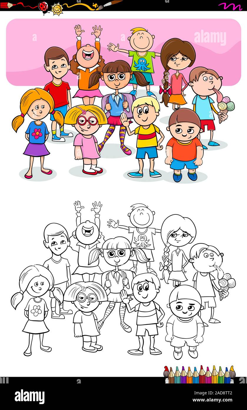 children and teens characters group color book Stock Photo - Alamy