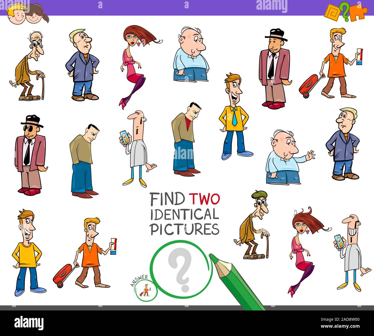 find two identical characters game for kids Stock Photo - Alamy