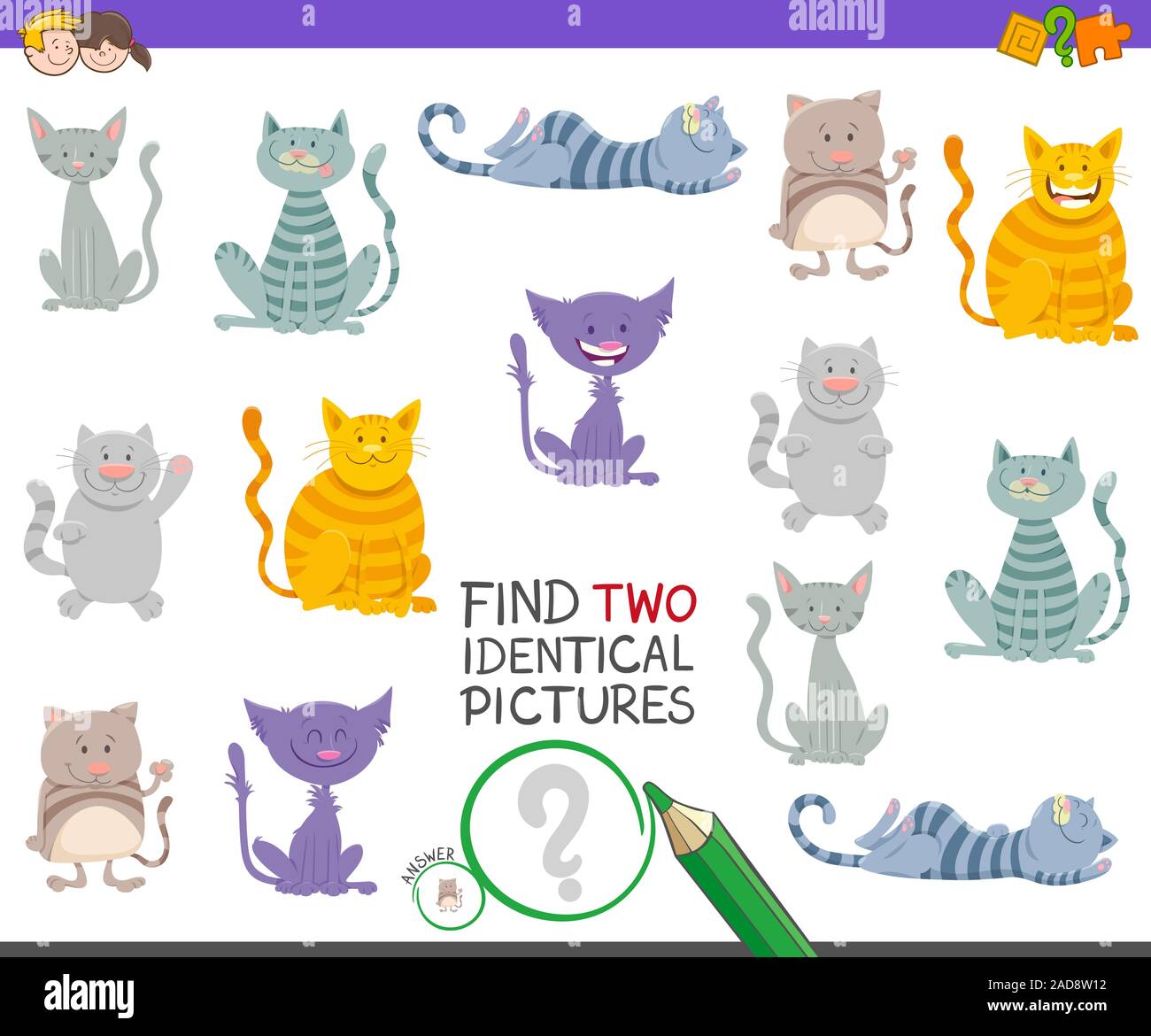 find two identical cats task for children Stock Photo - Alamy