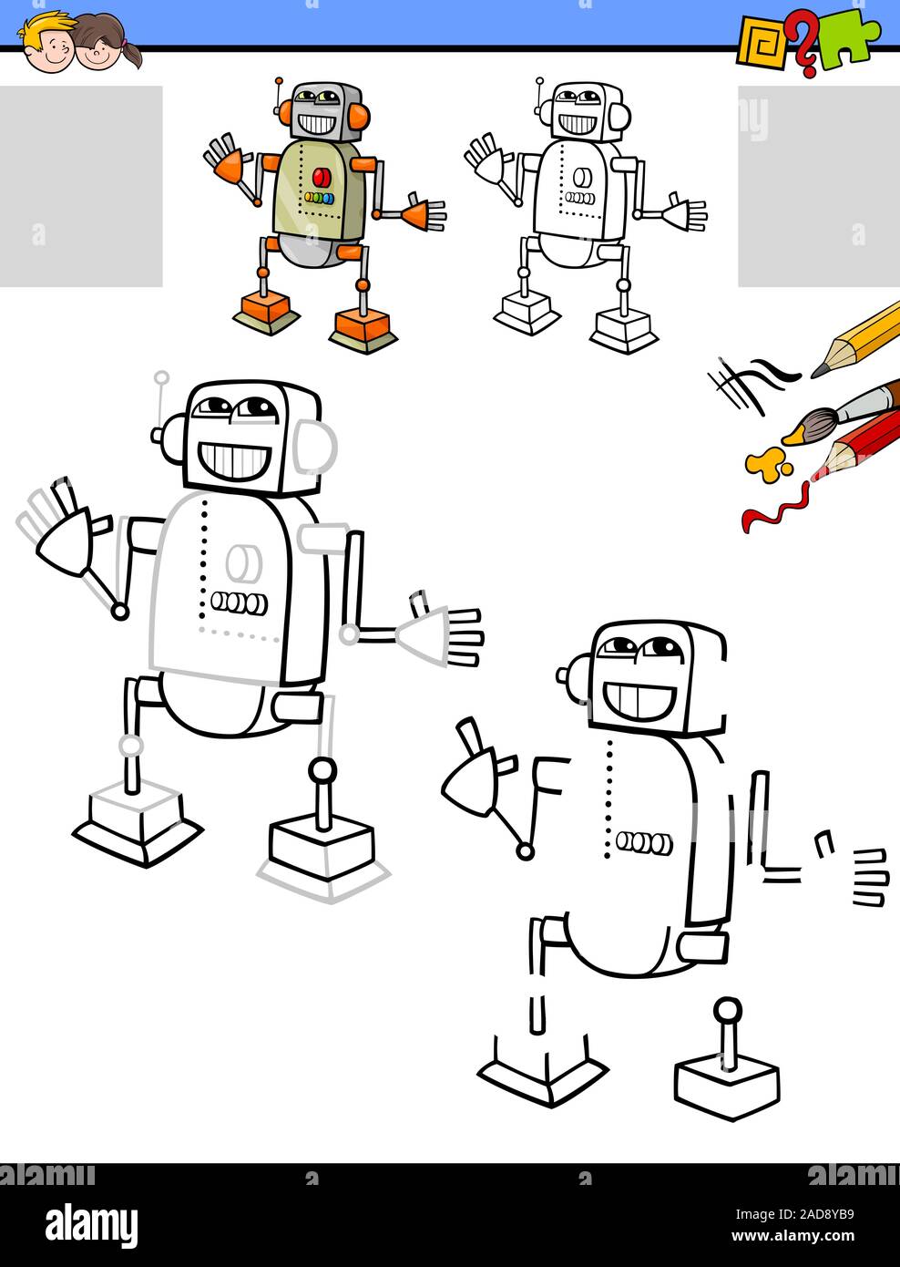 drawing and coloring worksheet with robot Stock Photo - Alamy