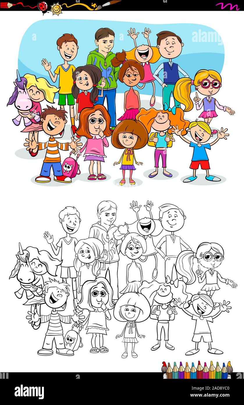 children and teen characters group color book Stock Photo - Alamy