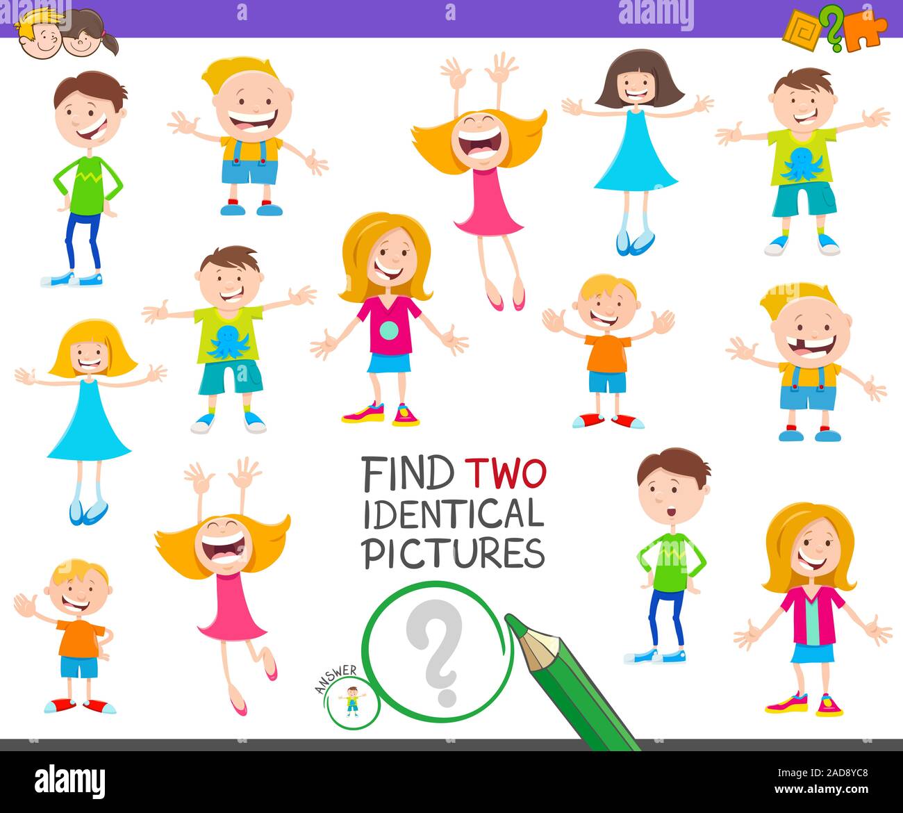 find two identical characters task for children Stock Photo - Alamy