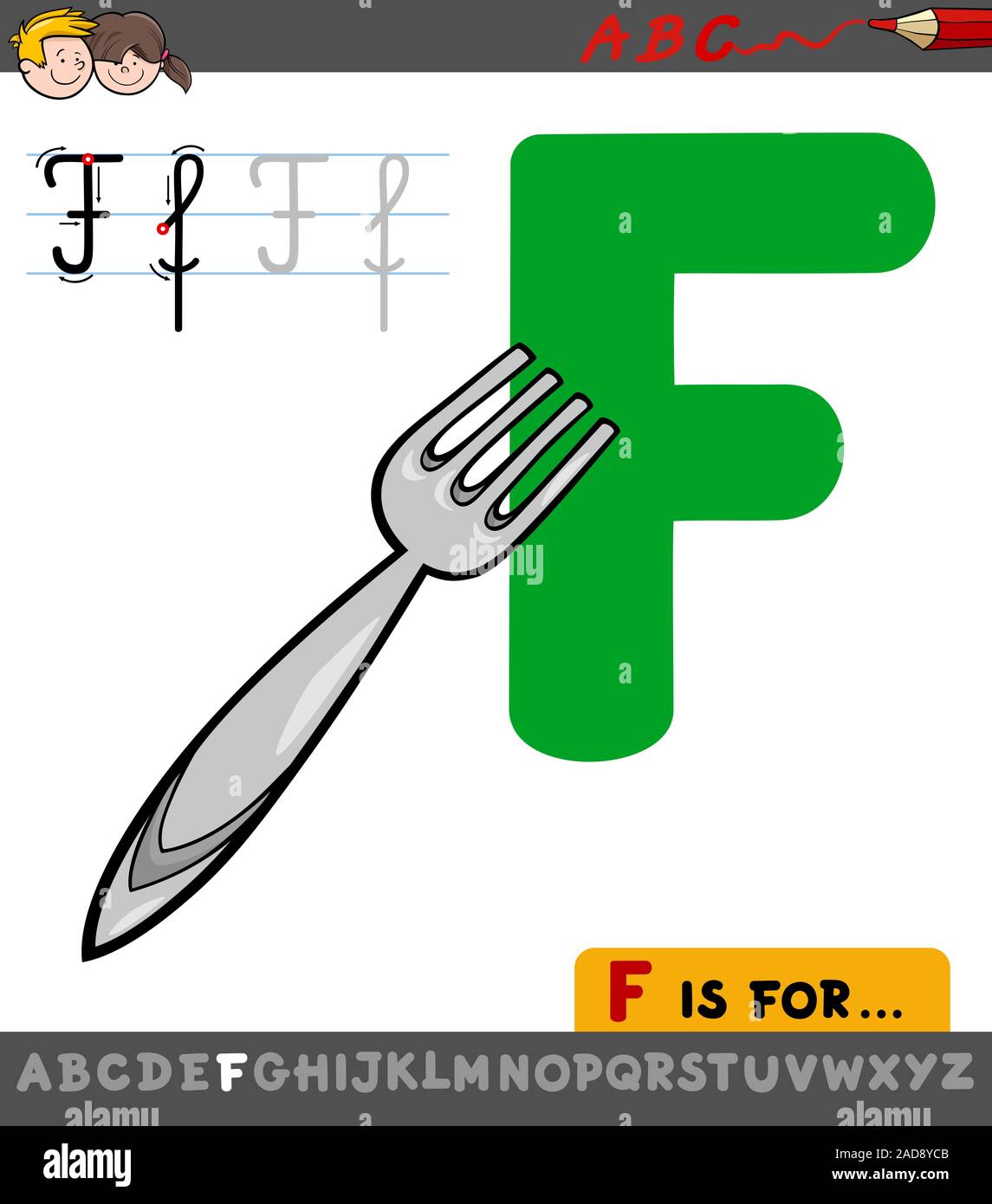 letter F worksheet with cartoon fork Stock Photo - Alamy