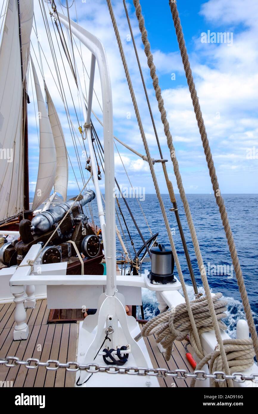 Sailboat bow with all the ropes, sails and sailboat cannon Stock Photo ...
